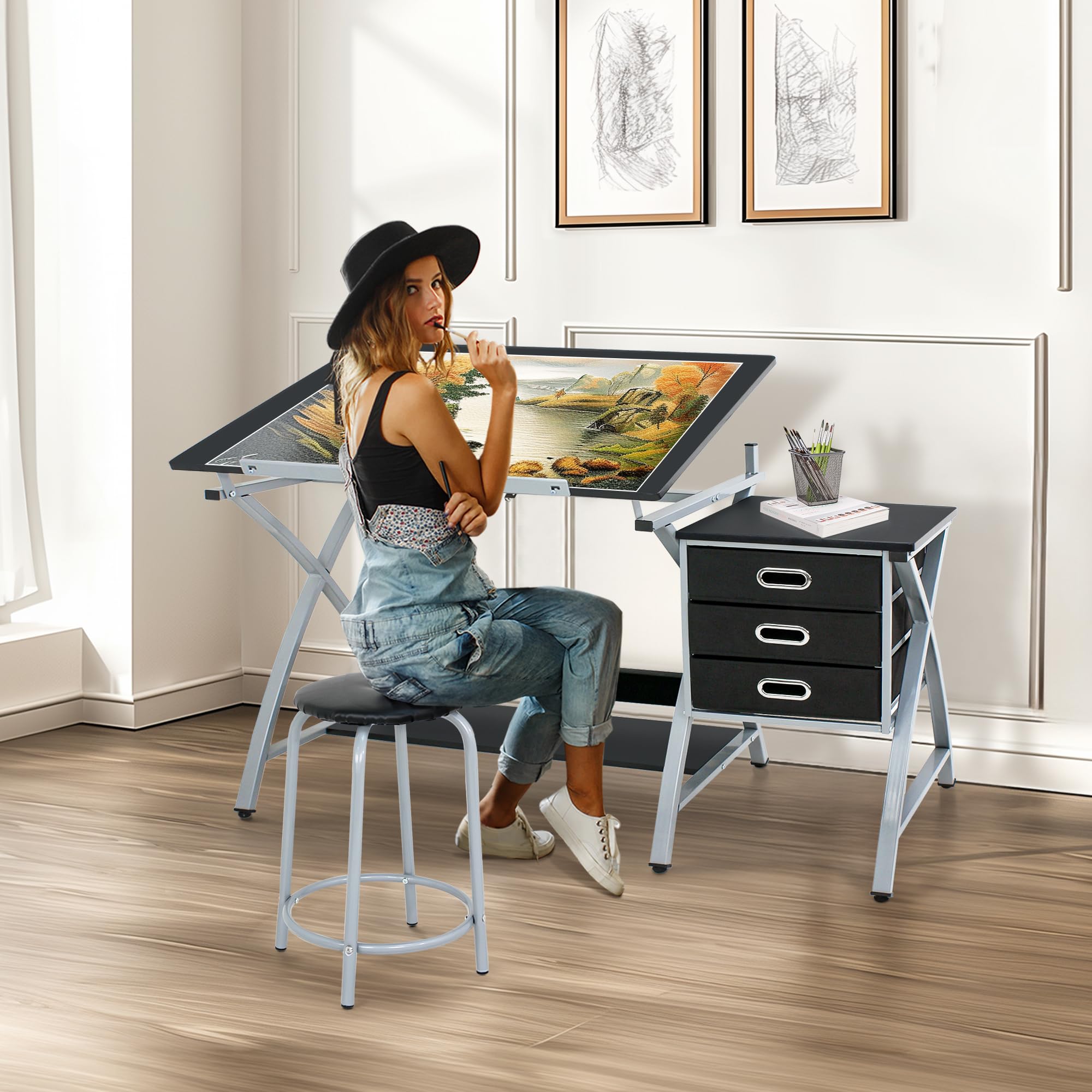 ZENY Drafting Table and Stool Set Tabletop Tilted Drawing Table Drafting Desk w/Drawers Artists Workstation, Art Craft Supplies