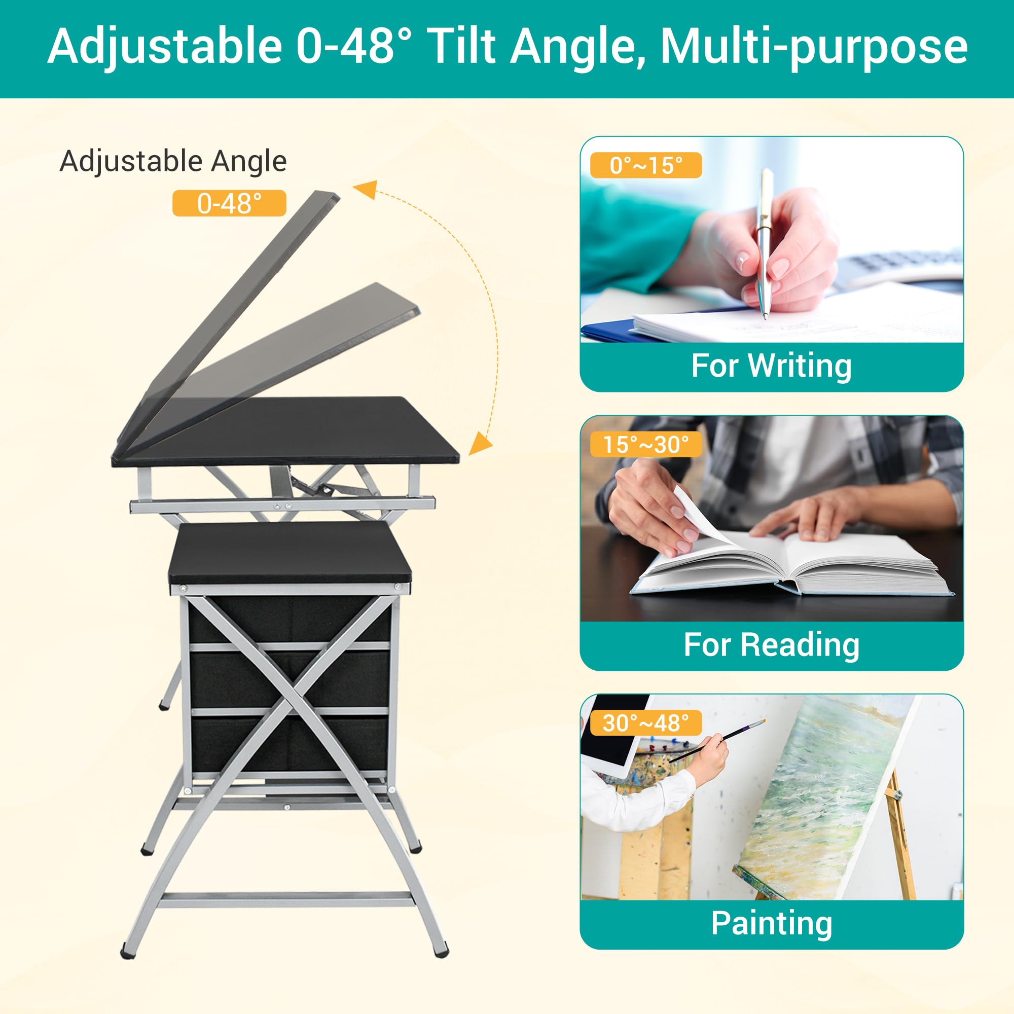 ZENY Drafting Table and Stool Set Tabletop Tilted Drawing Table Drafting Desk w/Drawers Artists Workstation, Art Craft Supplies