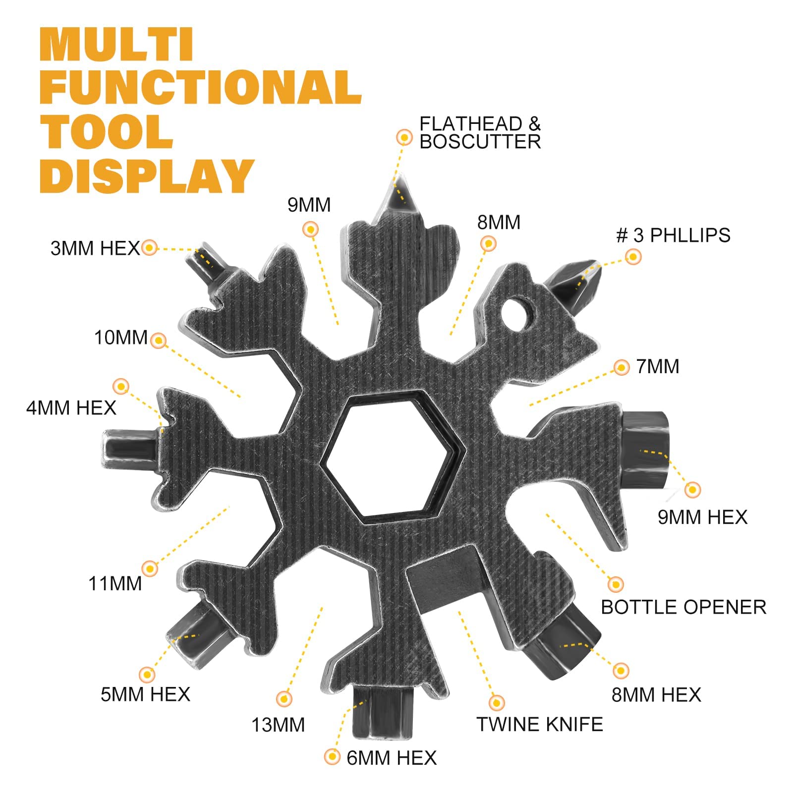 Snowflake Multi Tool 18-in-1, Stainless Steel Snowflake Bottle Opener/Wrench/Flat Cross Screwdriver Kit, Portable Daily Tool Outdoor Camping Multitools Cool Gadgets Gifts for Men Dad, Black