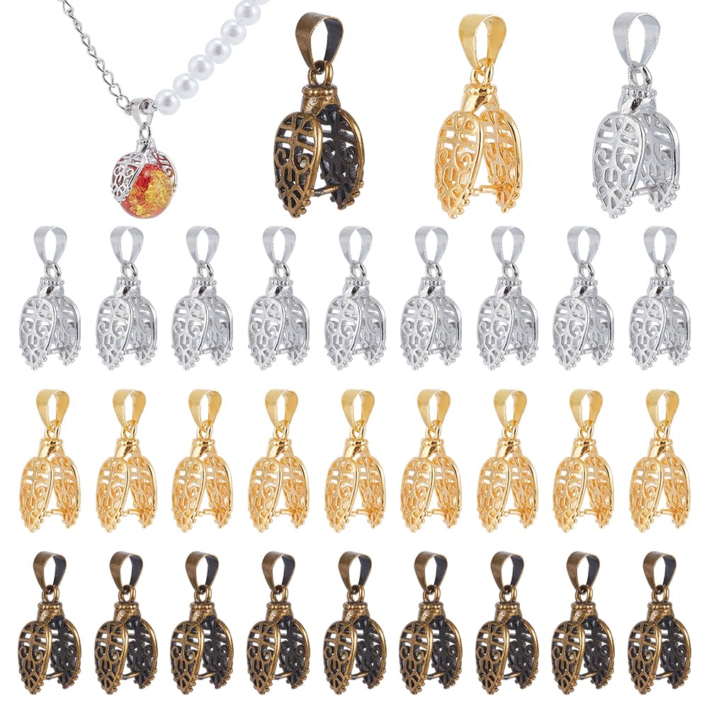 PH PandaHall Pinch Bails Hollow Curved, 30 pcs 3 Colors Brass Bail Clip Clasp Tibetan Dangle Charm Bead Pendant Connector for DIY Necklace Jewelry Craft, Platinum/Antique Bronze/Golden, 24mm, 1mm Pin