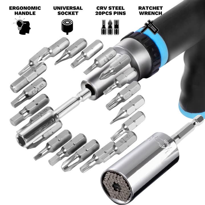 Ratcheting Screwdriver Wrench Set, Super Universal Socket Tools, Unique Gifts for Men Who Have Everything, Cool Gadgets Gifts for Craftsman, Carpenters, Electrician, Blue