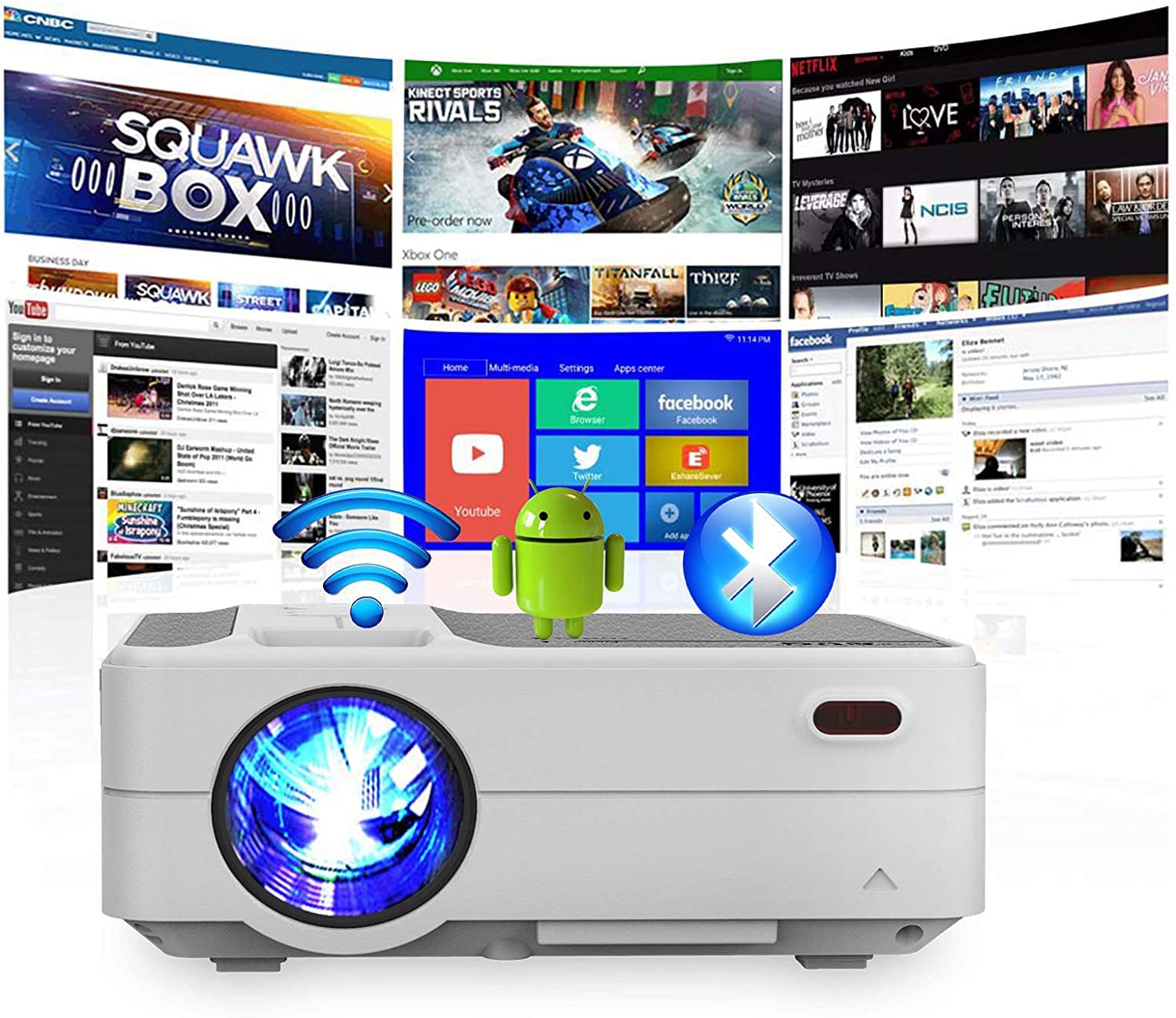 Mini 1080p Projector with WiFi and Bluetooth Outdoor, Portable Home Theater Full HD Bedroom Projector Wireless Sync for iPhone/Android, TV Projectors with Apps Netflix Android OS, HDMI AV USB Port