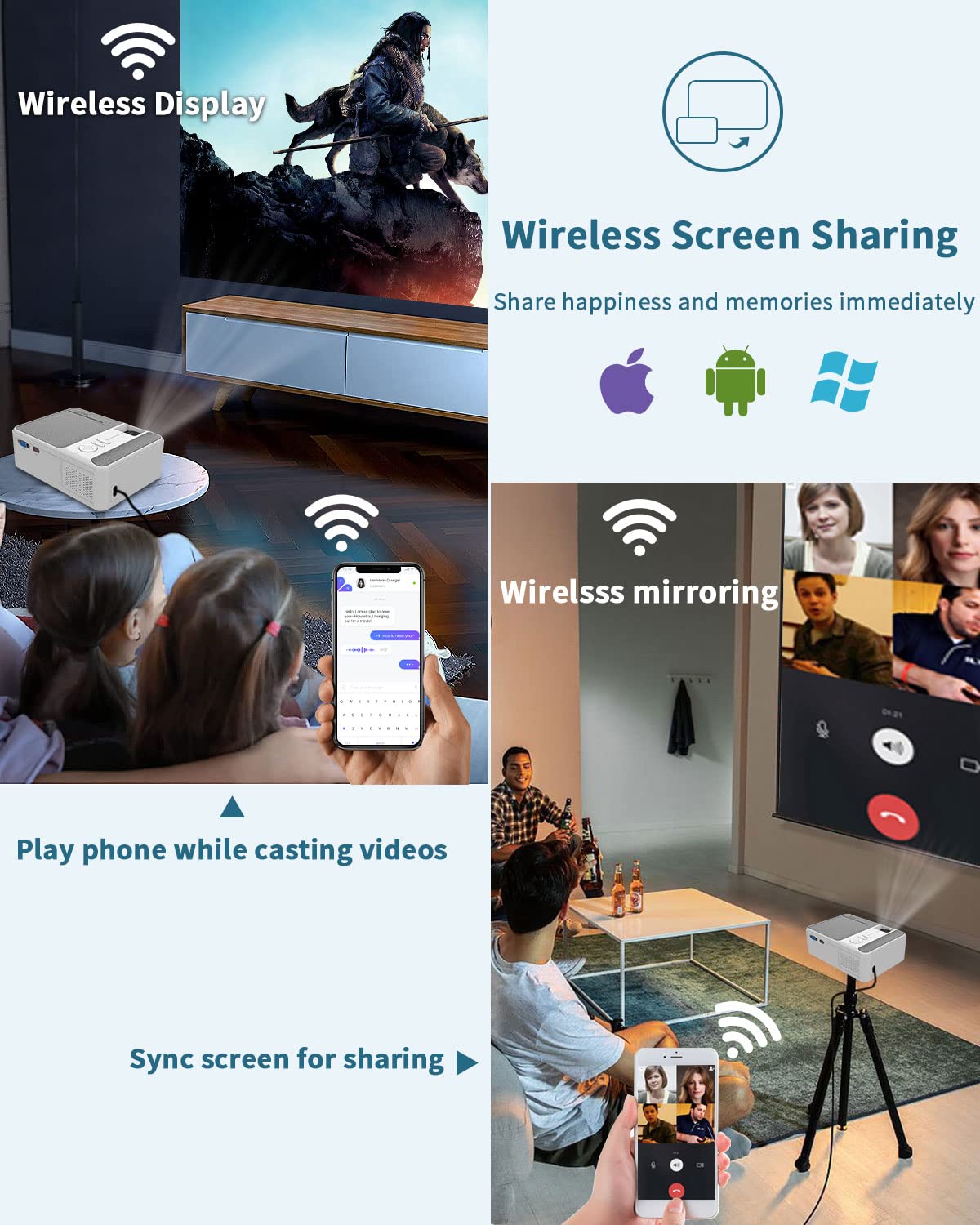 Mini 1080p Projector with WiFi and Bluetooth Outdoor, Portable Home Theater Full HD Bedroom Projector Wireless Sync for iPhone/Android, TV Projectors with Apps Netflix Android OS, HDMI AV USB Port
