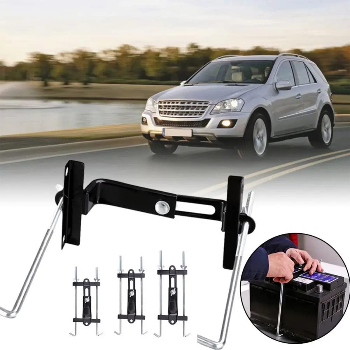 AUCELI Car Battery Hold Down Kit, Standard Storage Battery Bracket with Rods and Bolts, Adjustable Height Crossbar Battery Hold Down Tray Holder, Universal Auto Replacement Accessories