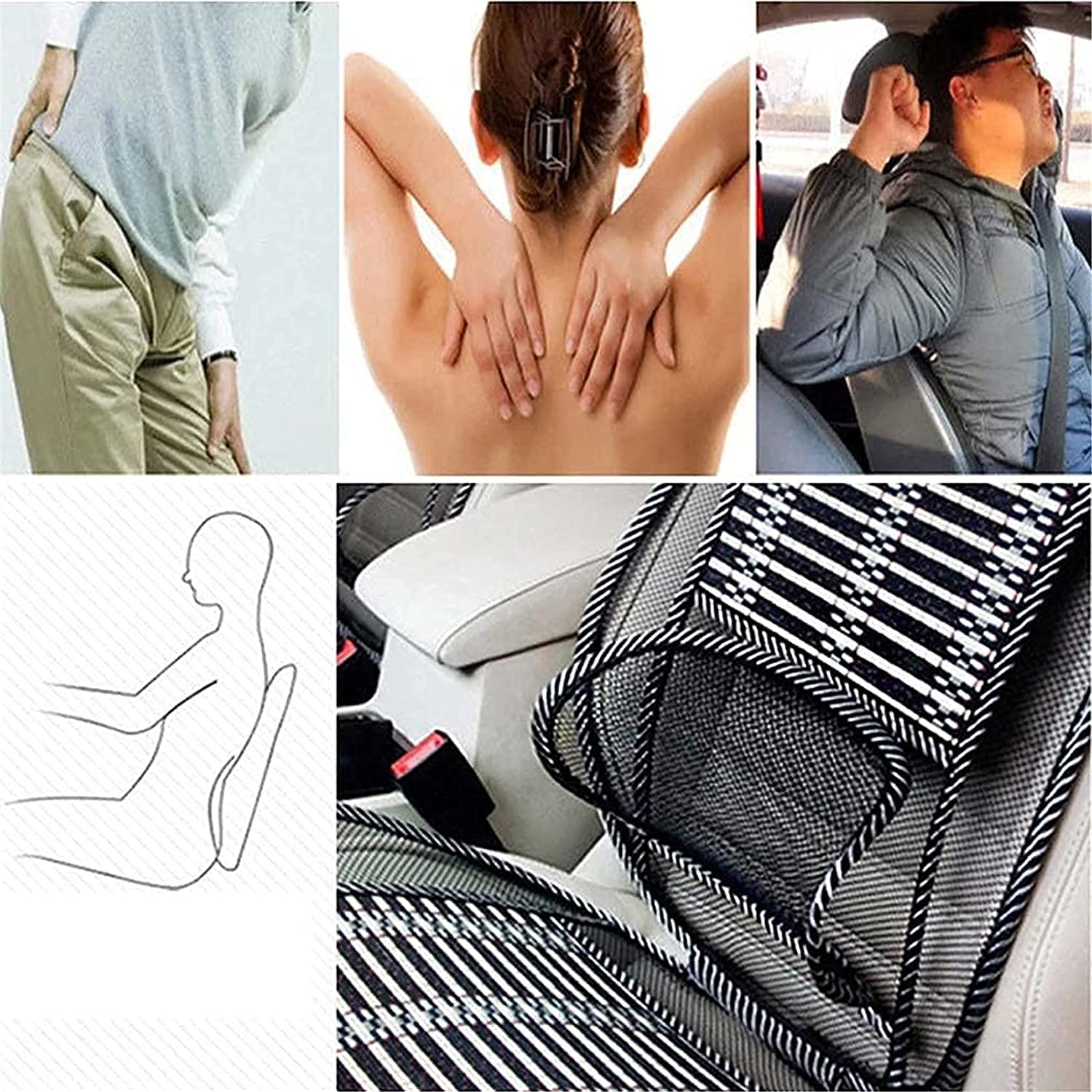 HACORO Ergonomic Bamboo Car Seat Pad, Mesh Lumbar Support Chair Back Support with Elastic Strap Back Rest for Office Chair/Car Seat/Back Pain Relief