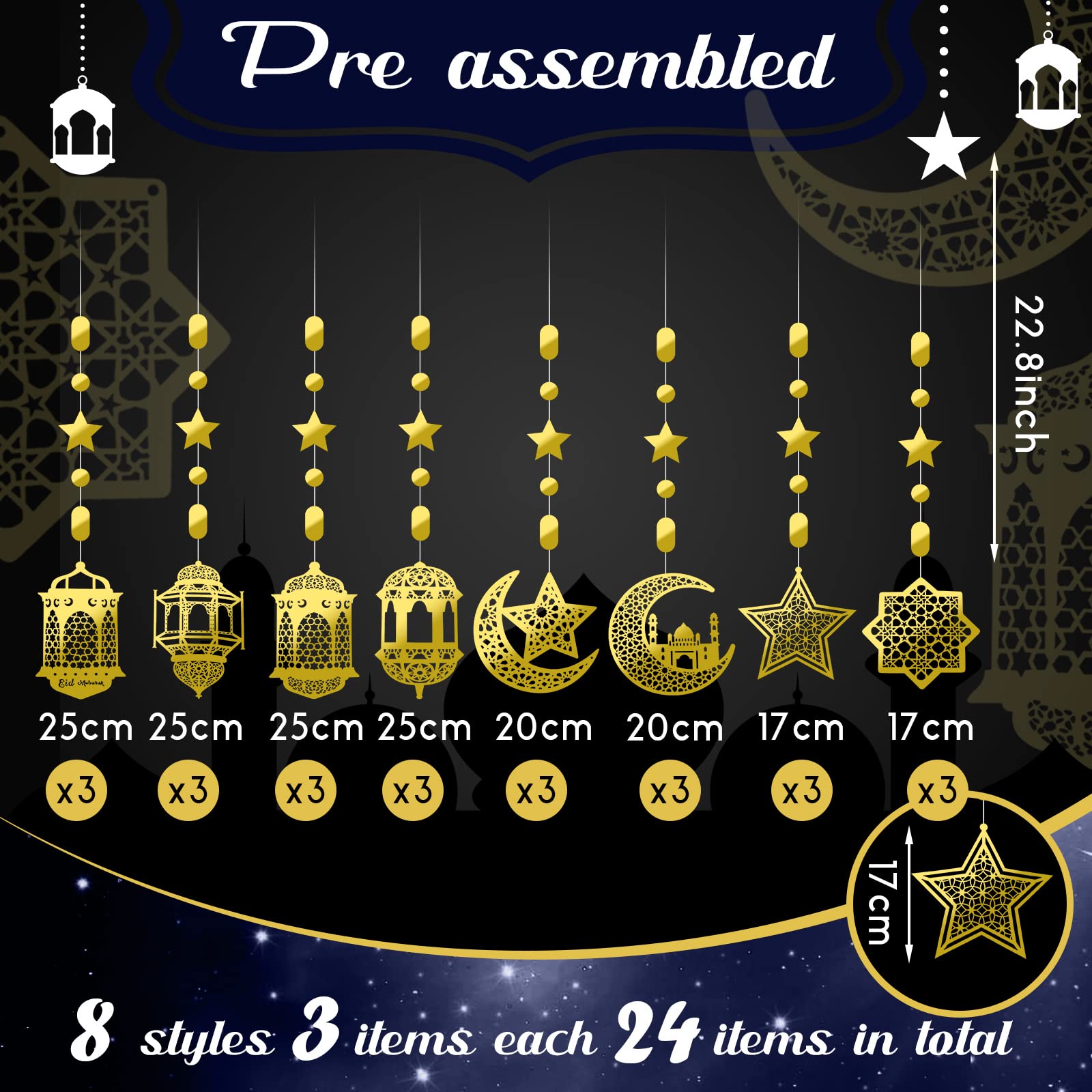 24 Pcs Ramadan Garland Eid Decoration Streamer Ramadan Mubarak Party Banner Star Moon Lantern Streamer Backdrop Shining Hanging Wall Decorations for Home Wedding Birthday Islam Party Decor (Gold)