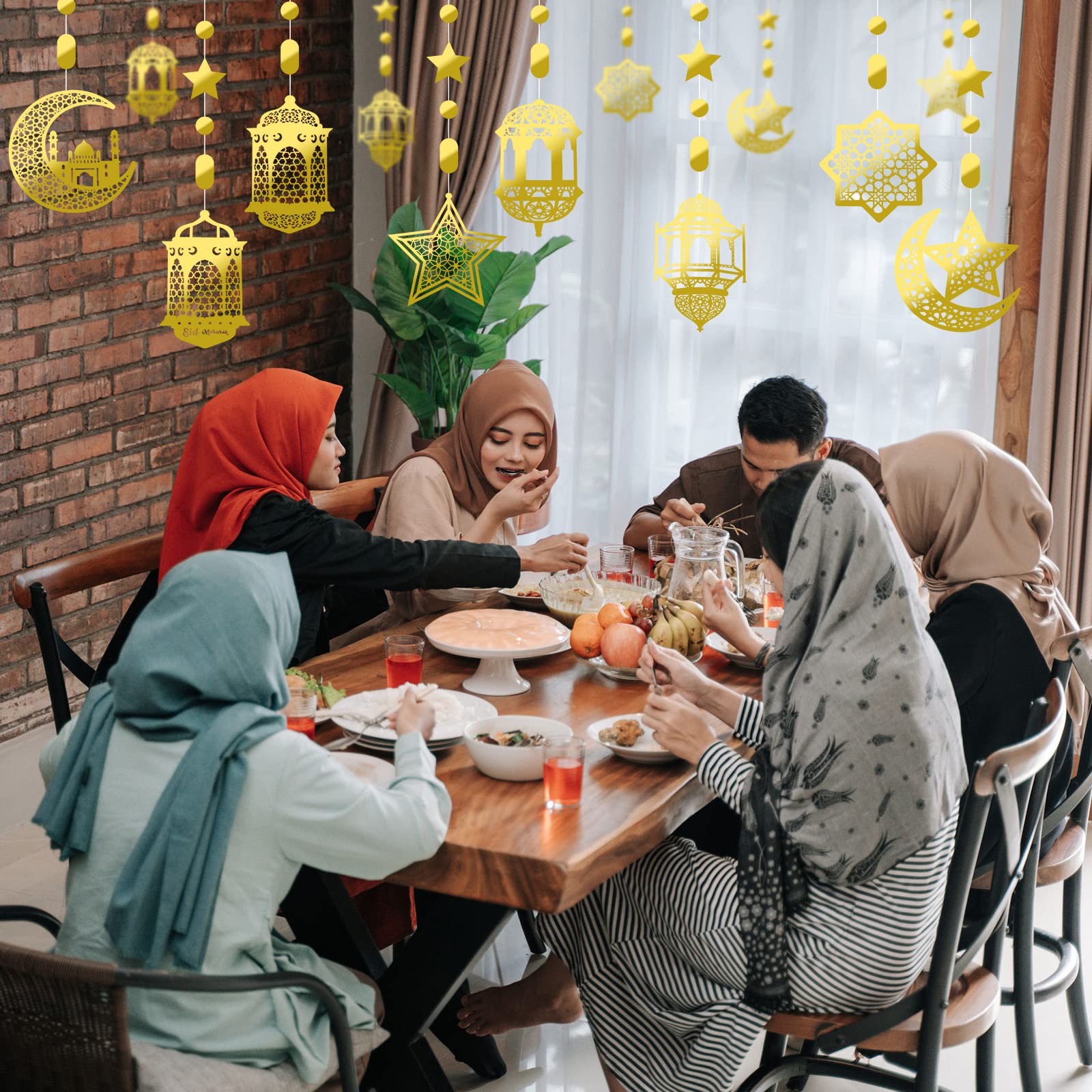 24 Pcs Ramadan Garland Eid Decoration Streamer Ramadan Mubarak Party Banner Star Moon Lantern Streamer Backdrop Shining Hanging Wall Decorations for Home Wedding Birthday Islam Party Decor (Gold)
