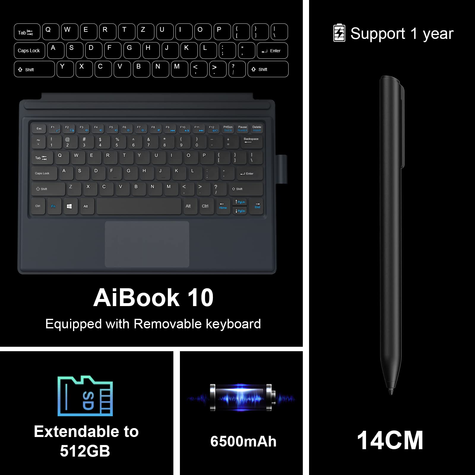 AWOW Windows 10 Tablet 10.1inch with Keyboard, Detachable 2 in 1 Laptop Touch Screen, Intel Celeron N4120, 8GB RAM 128GB ROM, 2.4G+5G WiFi, Bluetooth, HDMI, Dual Camera