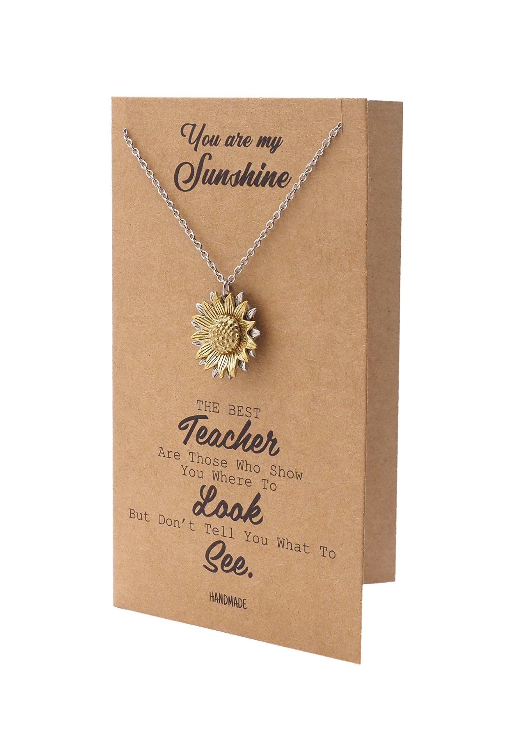 quan jewelry Sunflower Necklace for Teacher with Inspirational Greeting Card (Two Tone)