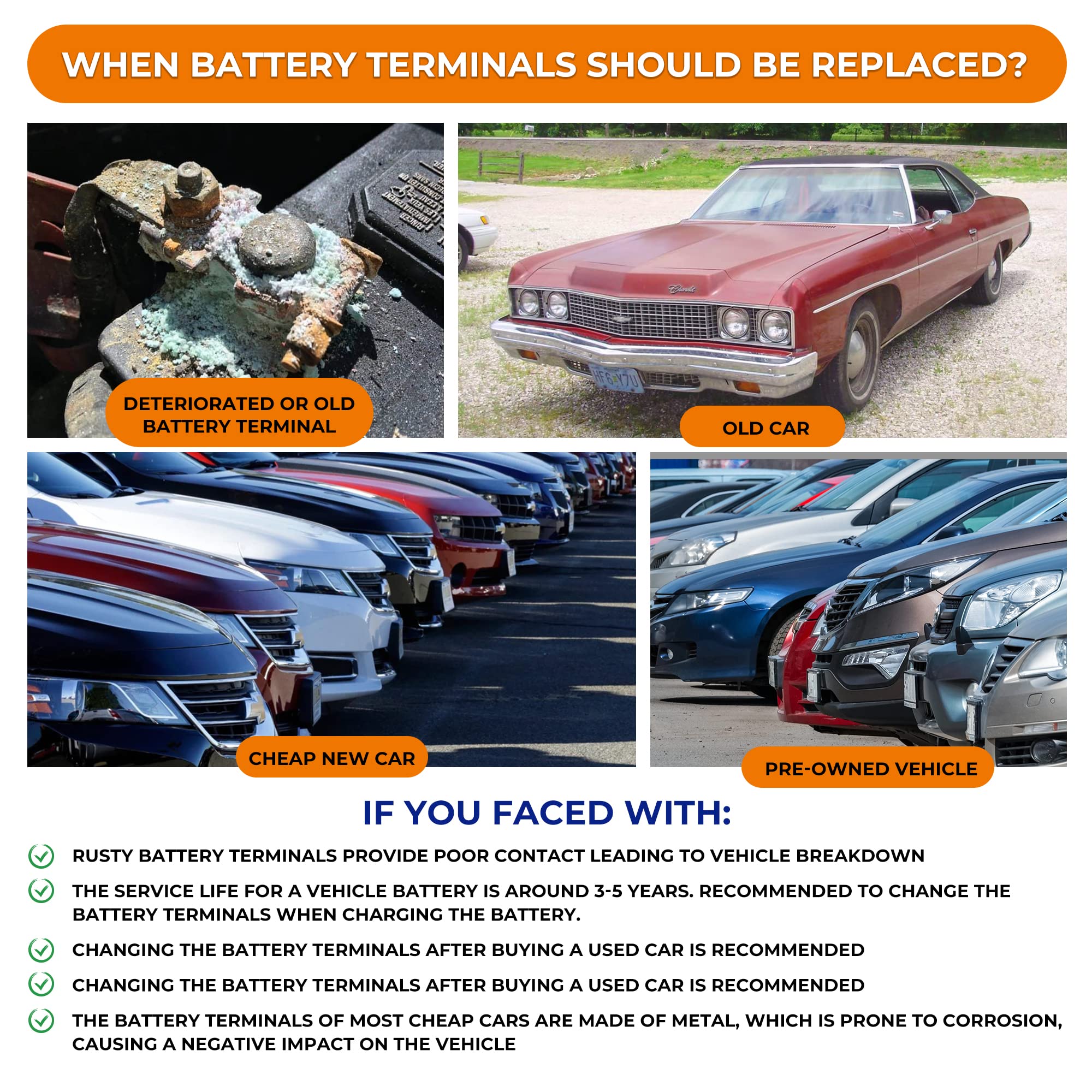 Car Battery Terminal Connectors, Heavy-Duty 12V Battery Terminals for Cars, Trucks & SUVs, Quick Release Battery Cable Clamps, Positive & Negative Battery Connectors