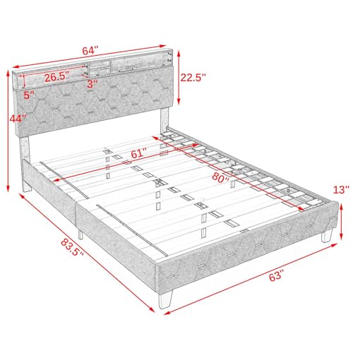 Gee Wuo Queen Size Upholstered Platform Bed, Platform Bed Frame with Outlets and USB Ports, Modern Upholstered Storage Headboard, Solid Wood Legs, No Box Spring Bed for Bedroom (Beige, Queen)
