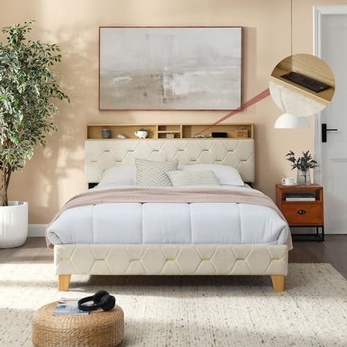 Gee Wuo Queen Size Upholstered Platform Bed, Platform Bed Frame with Outlets and USB Ports, Modern Upholstered Storage Headboard, Solid Wood Legs, No Box Spring Bed for Bedroom (Beige, Queen)