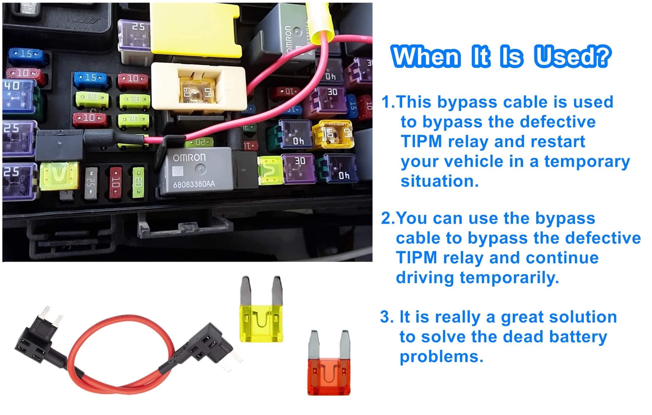 TIPM Bypass Cable, Fuse Adapter Fuse Holder,Repair Fuel Pump Relay Bypass Cable Compatible with Dodge Ram 1500 2500 3500 Jeep Chrysler VW 2007-2016, 14AWG Wire/20AMPs Replace CBWPR091AA