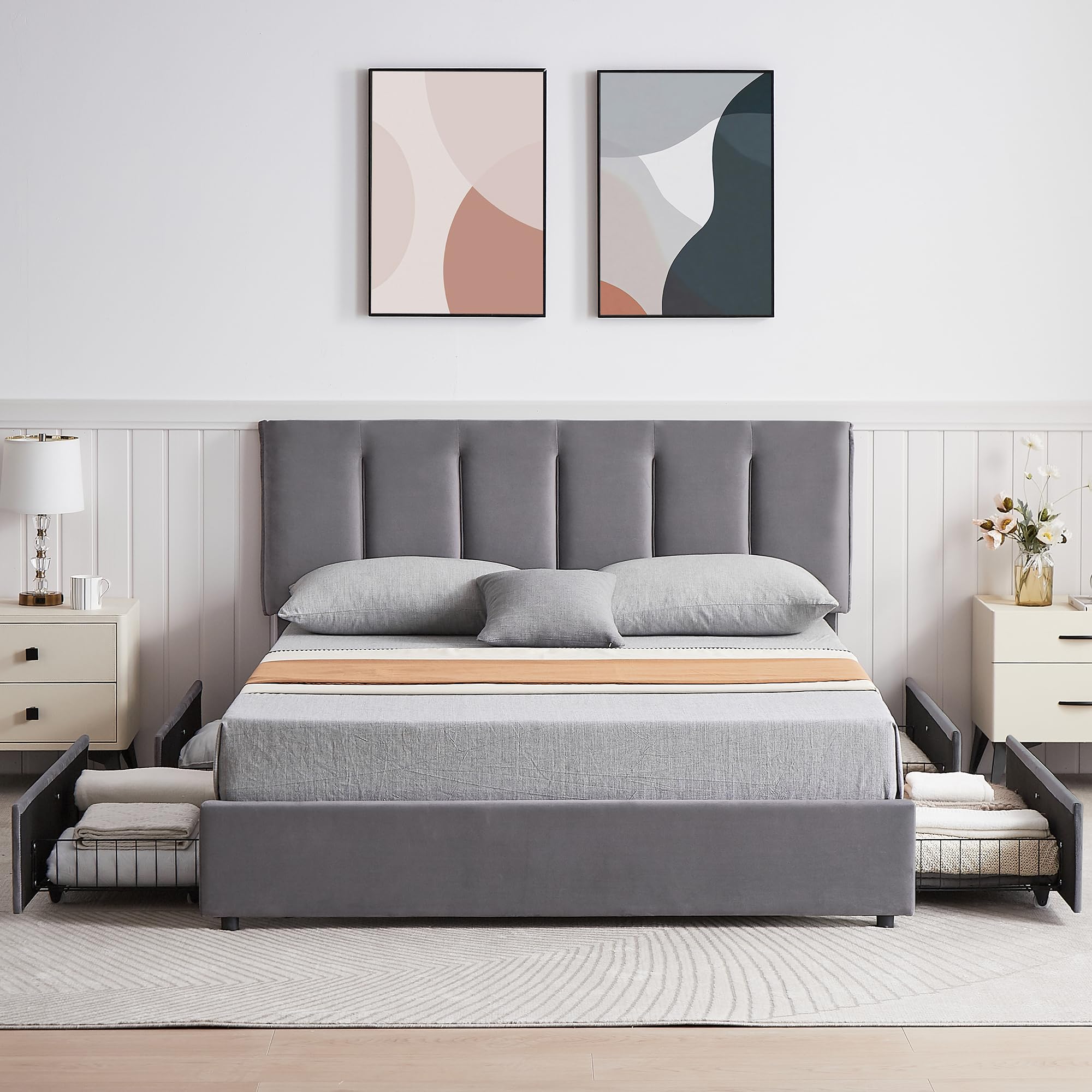 VECELO Queen Upholstered Bed Frame with 4 Storage Drawers and Adjustable Velvet Headboard, Heavy-Duty Platform bedframe, No Box Spring Needed, Grey