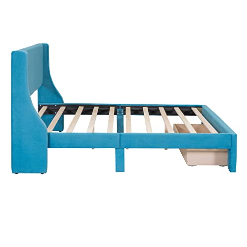 HBRR Queen Size Bed Frame with Drawer and Headboard, Velvet Upholstered Platform Bed with Wood Slats, Mattress Foundation, No Box Spring Needed, Easy Assembly, Blue