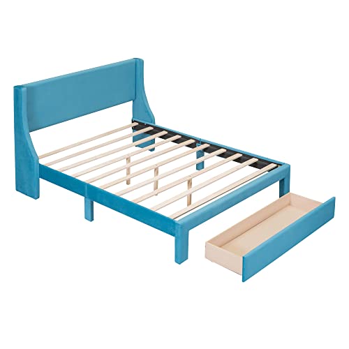 HBRR Queen Size Bed Frame with Drawer and Headboard, Velvet Upholstered Platform Bed with Wood Slats, Mattress Foundation, No Box Spring Needed, Easy Assembly, Blue