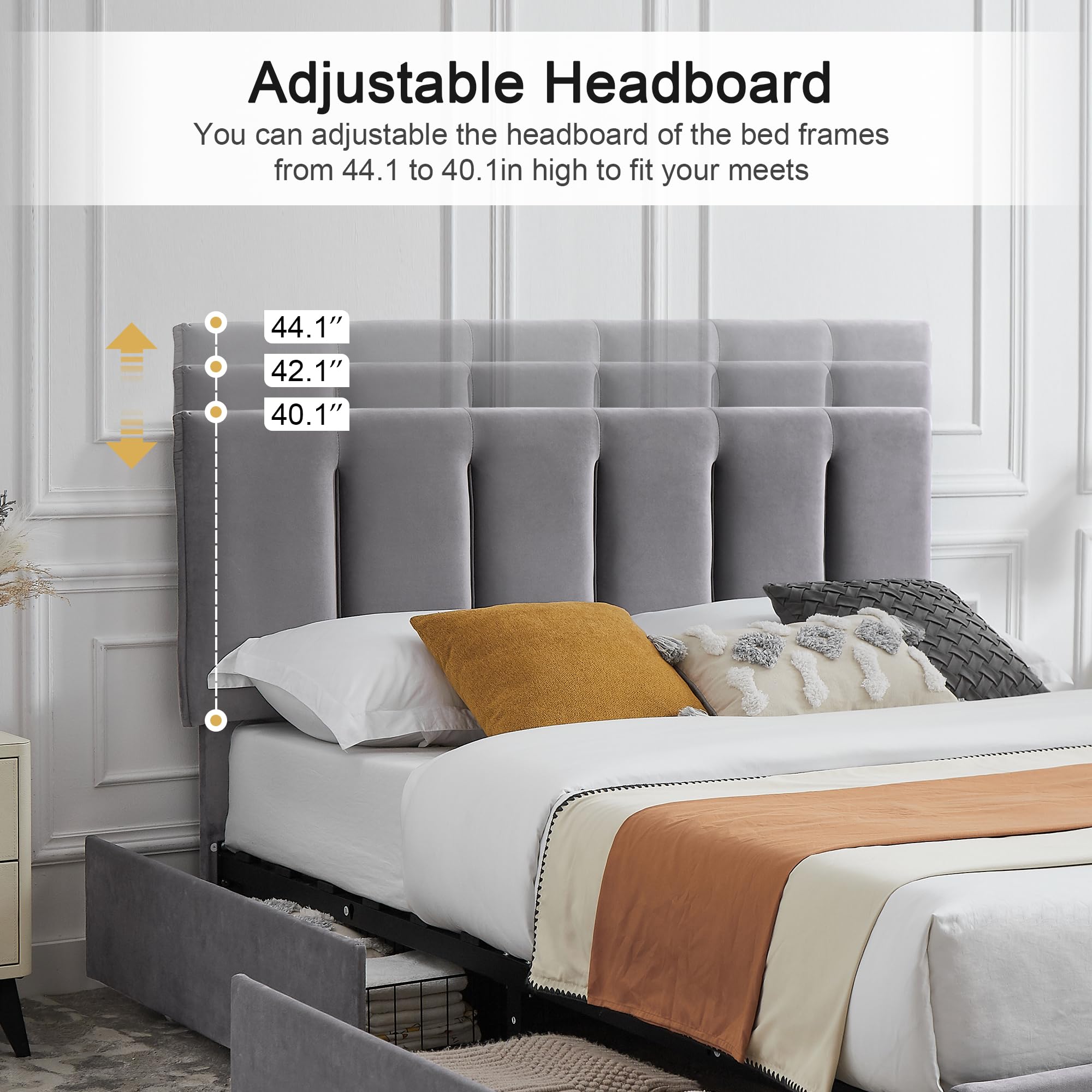 VECELO Queen Upholstered Bed Frame with 4 Storage Drawers and Adjustable Velvet Headboard, Heavy-Duty Platform bedframe, No Box Spring Needed, Grey