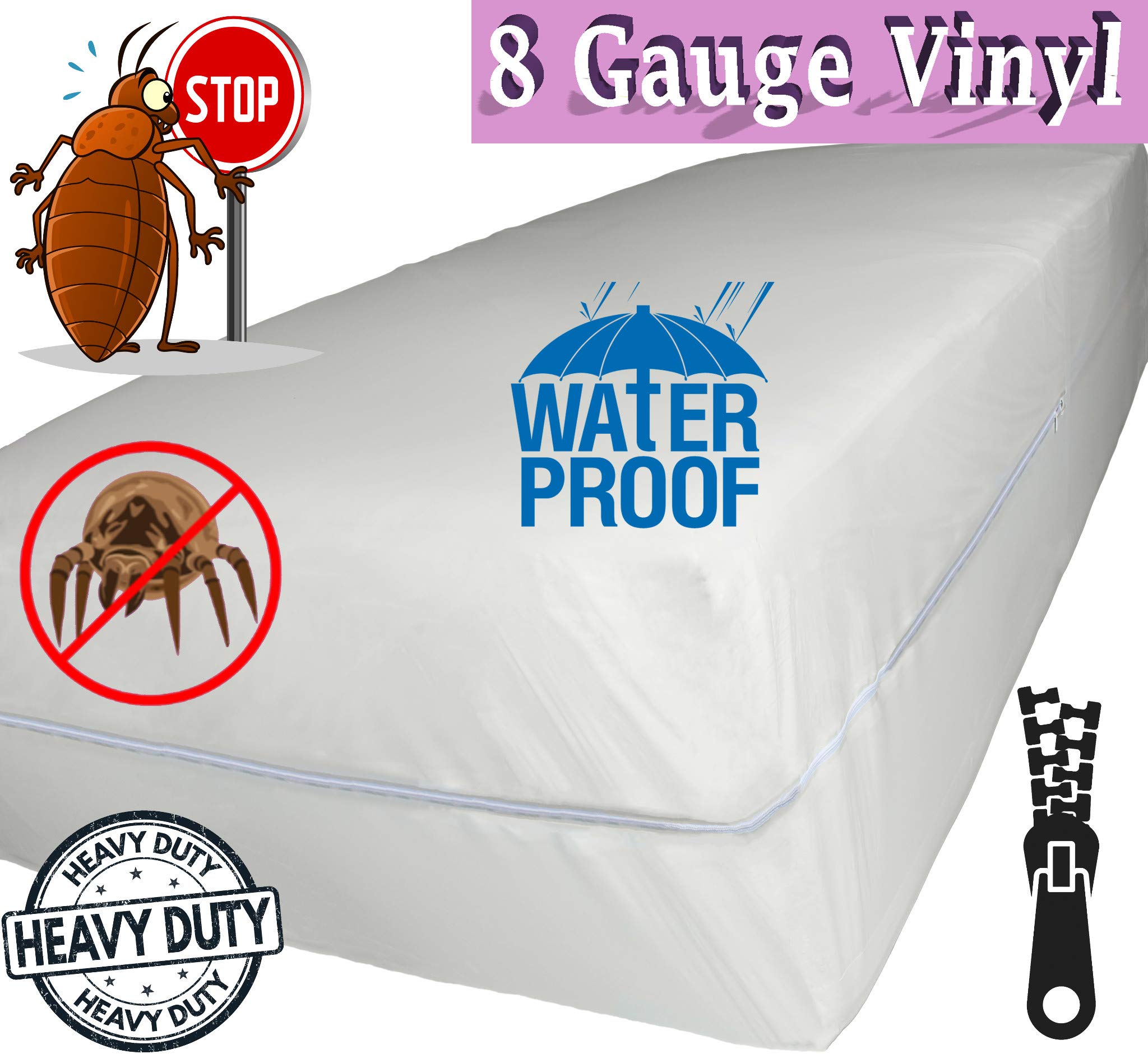 Superior Extra Heavy 8 Gauge Vinyl Mattress Protector Zippered Encasement Cover 100% Waterproof Twin White