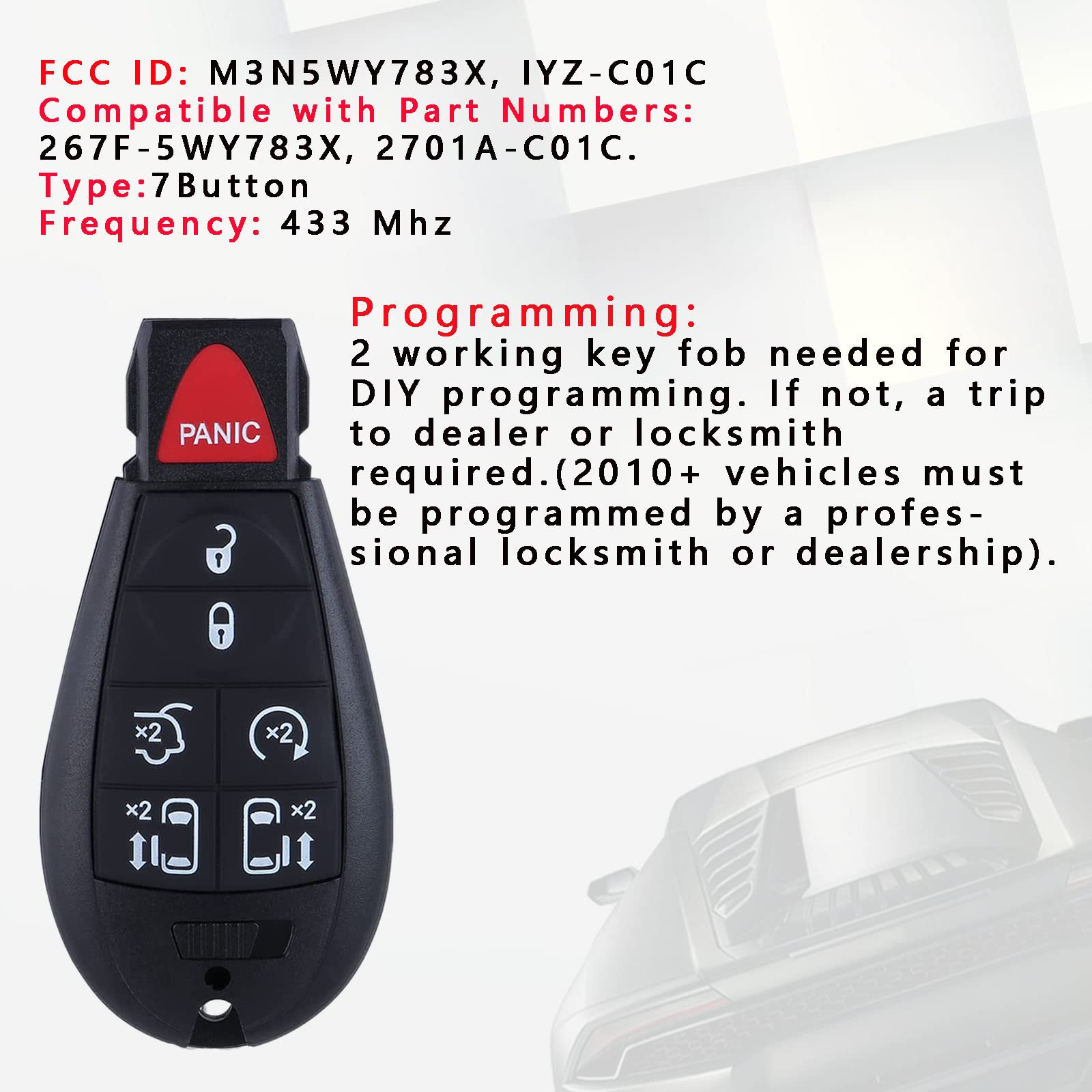 7 Buttons Keyless Entry Remote Control Car Key Fob for Dodge Grand Caravan 2008-2018 Chrysler Town and Country 2008-2016 (M3N5WY783X) Pack of 2