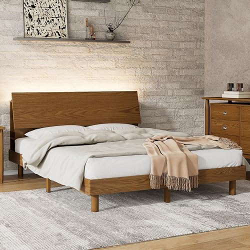 Livavege Queen Bed Frame with LED Lights Headboard, Mid Century Wood Platform Bed w/Storage Shelf and Charging Station, Wooden Slats Support, Queen Size Bedframe No Box Spring Needed, Easy Assembly