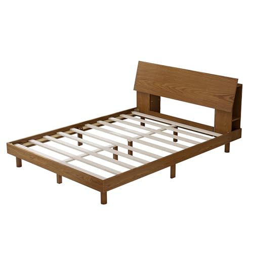 Livavege Queen Bed Frame with LED Lights Headboard, Mid Century Wood Platform Bed w/Storage Shelf and Charging Station, Wooden Slats Support, Queen Size Bedframe No Box Spring Needed, Easy Assembly