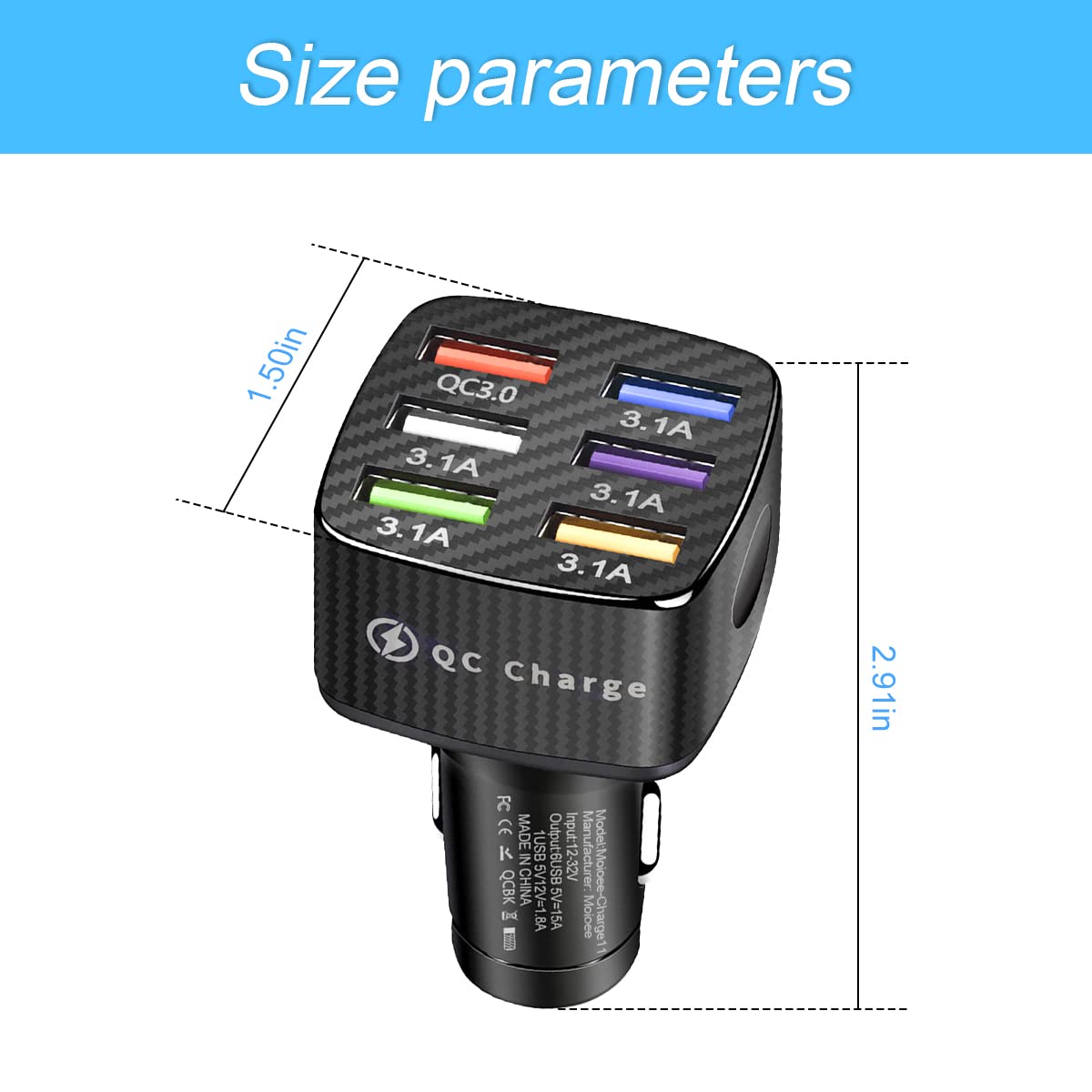 Car Charger Adapter, 6 Ports USB QC3.0 Fast Phone Charger, 32V Upgraded Quick Charging Adapter Compatible with iPhone 13/13 Pro Max/12/XS/XR, Samsung Galaxy (Black/1PCS)