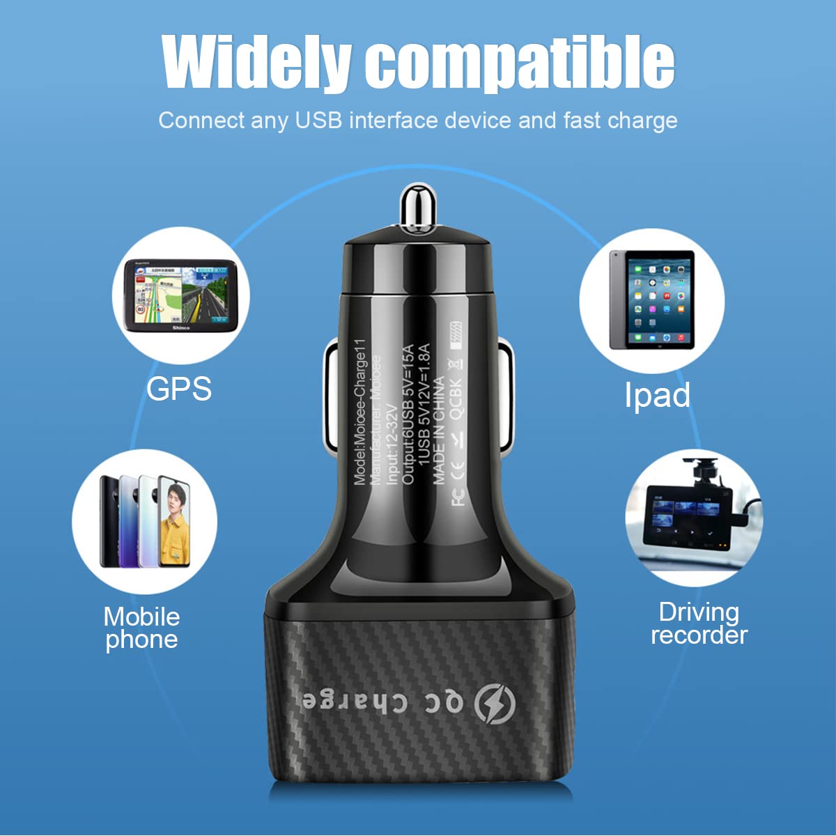 Car Charger Adapter, 6 Ports USB QC3.0 Fast Phone Charger, 32V Upgraded Quick Charging Adapter Compatible with iPhone 13/13 Pro Max/12/XS/XR, Samsung Galaxy (Black/1PCS)