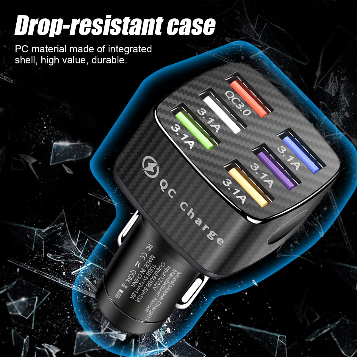 Car Charger Adapter, 6 Ports USB QC3.0 Fast Phone Charger, 32V Upgraded Quick Charging Adapter Compatible with iPhone 13/13 Pro Max/12/XS/XR, Samsung Galaxy (Black/1PCS)