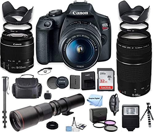 EOS Rebel 2000D DSLR Camera with 18-55mm is II Lens Bundle + EF 75-300mm f/4-5.6 III Lens and 500mm Preset Lens + 32GB Memory + Filters + Monopod + Professional Bundle + Inspire Digi Cloth (Renewed)