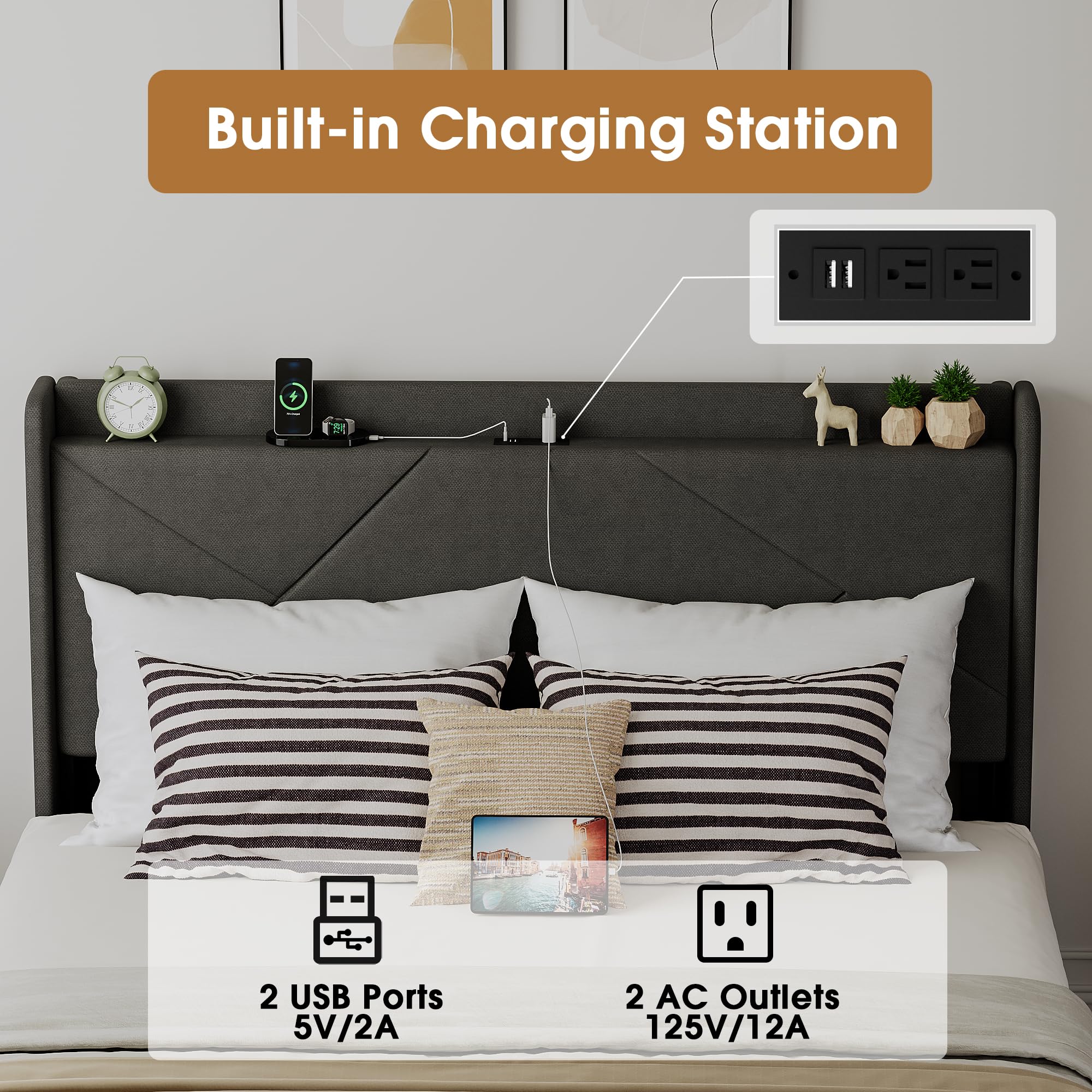 Lifezone Queen Bed Frame with Headboard, Queen Bed Frame with Charging Station, Upholstered Bed Frame with Wingback Shelf, Under-Bed Storage, No Box Spring Needed,Easily Assemble, Dark Grey