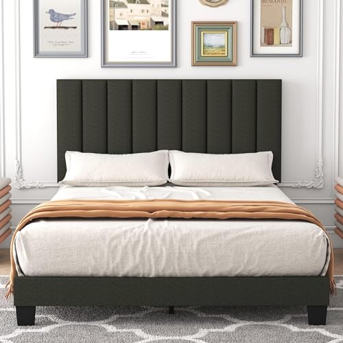 SWISH WEAVERS Queen Platform Bed Frame with Headboard, Upholstered Bed Frame with Wingback, No Box Spring Needed, Easy Assembly Solid Wooden Slats, Noise-Free, Dark Gray