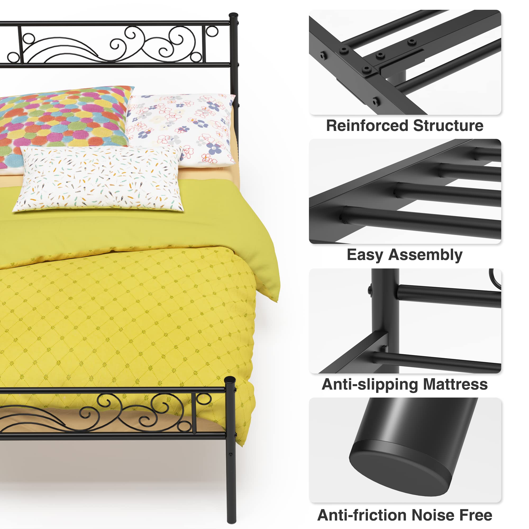 Weehom Metal Twin Bed Platform Frame Heavy Duty Steel Slat Under Bed Storage Bed Frame with Headboard, Black