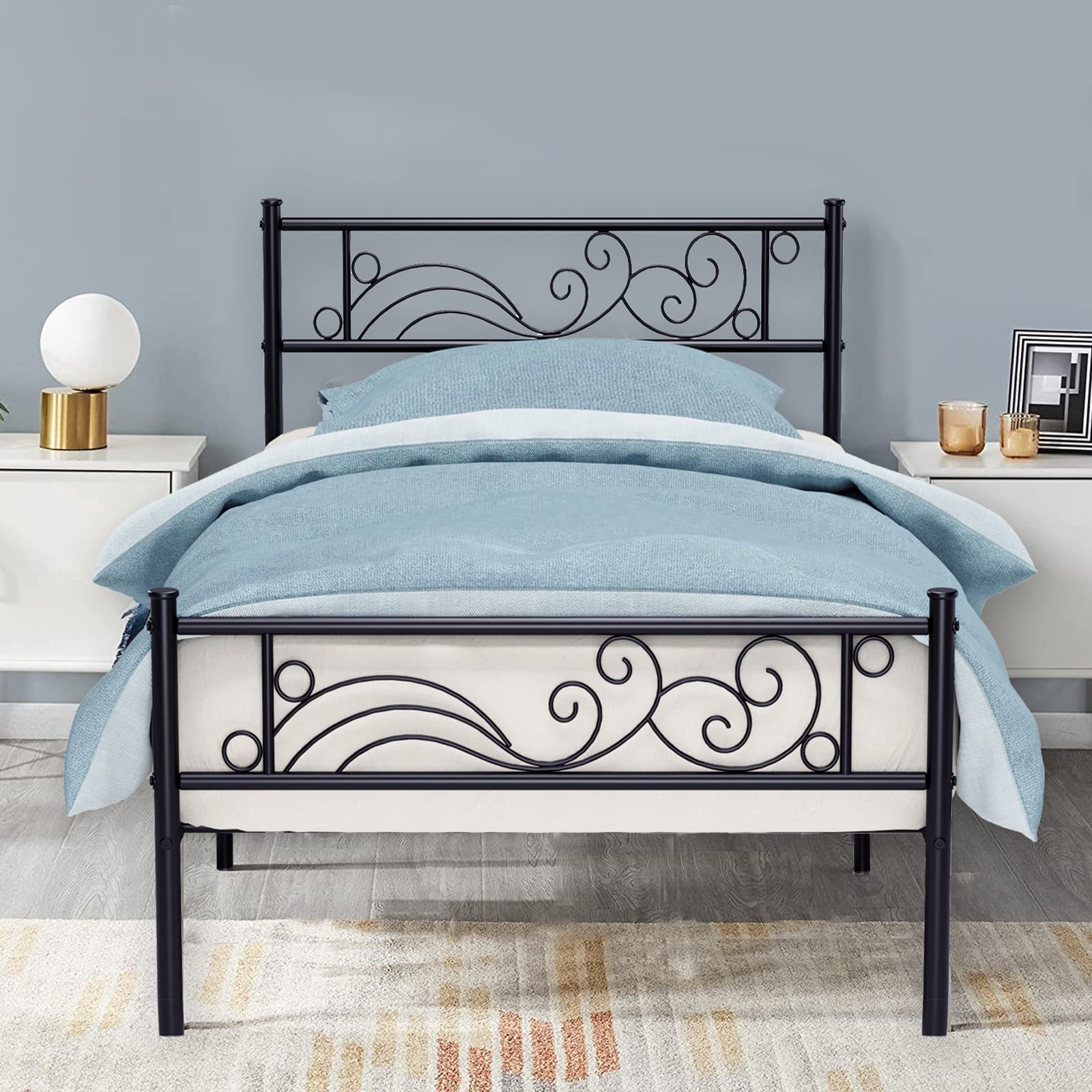 Weehom Metal Twin Bed Platform Frame Heavy Duty Steel Slat Under Bed Storage Bed Frame with Headboard, Black