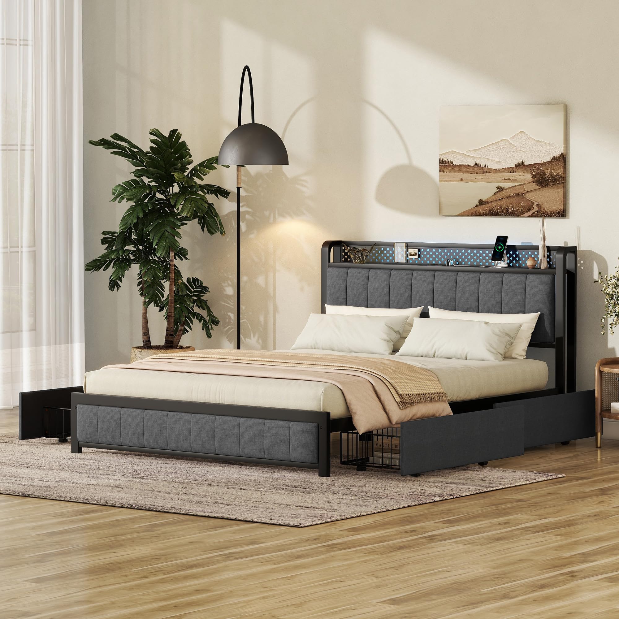 Queen Bed Frame with 4 storage drawers and LED light, LED Bed Frame Queen Size with Shelf Storage Headboard, Upholstered Platform Bed with LED Lights, Solid Wood Slats, Stable Structure (Dark Grey)