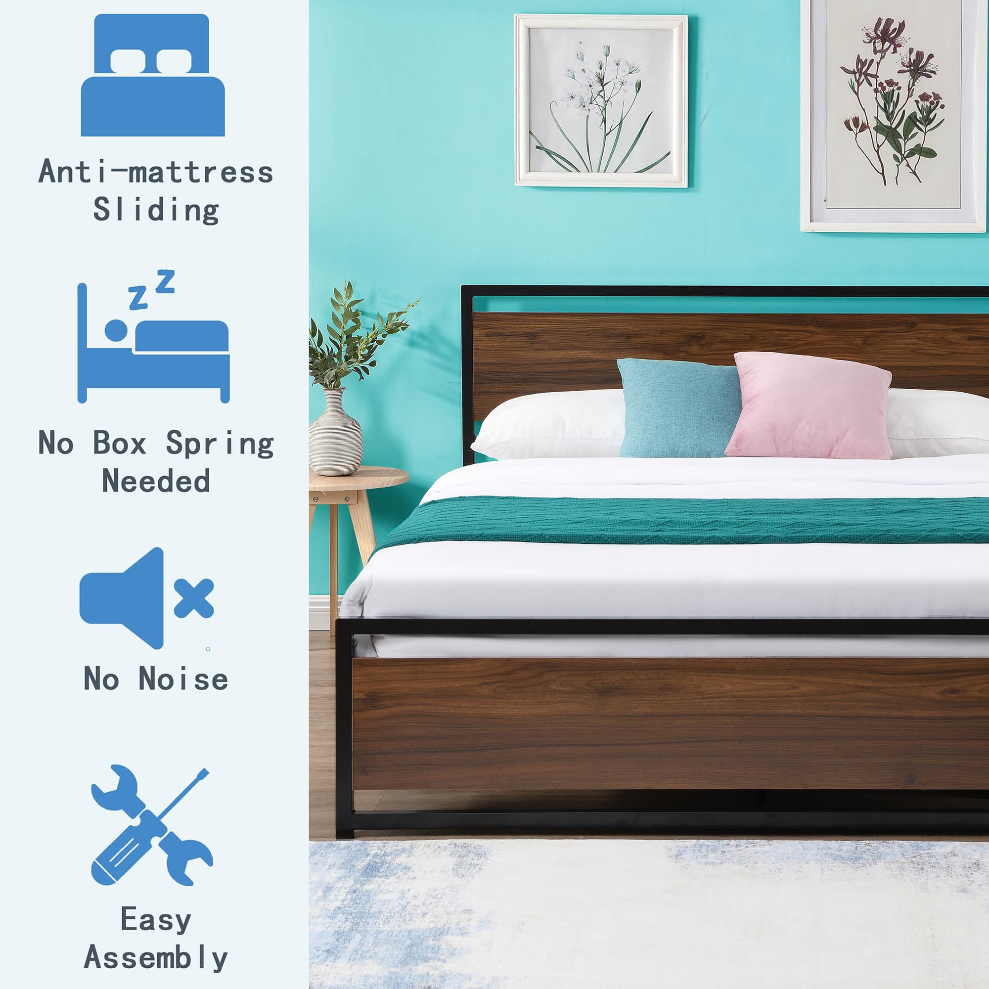 Queen Size Metal Bed Frame,Industrial Platform Queen Bed Frame with Headboard and Footboard,Mattress Foundation with Strong Steel Slat Support,11" Under Bed Storage Space,Easy Assembly