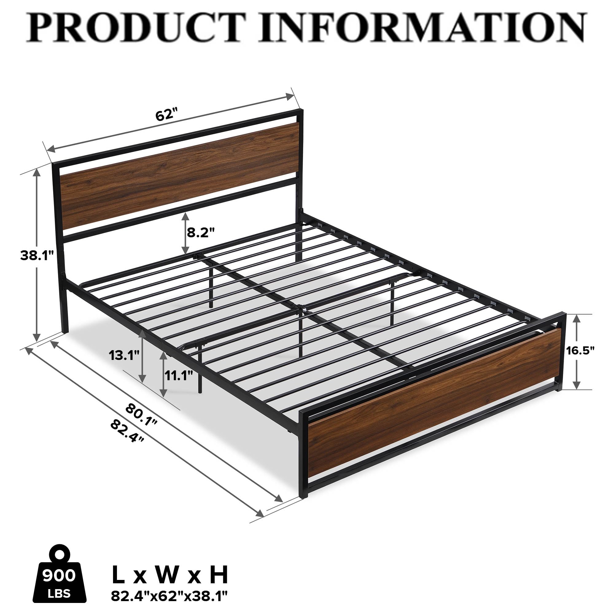 Queen Size Metal Bed Frame,Industrial Platform Queen Bed Frame with Headboard and Footboard,Mattress Foundation with Strong Steel Slat Support,11" Under Bed Storage Space,Easy Assembly