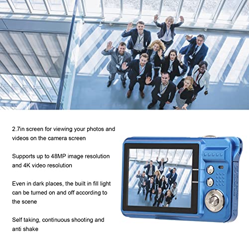 Jopwkuin Digital Camera, 2.7in LCD 4K Rechargeable 48MP Vlogging Camera Anti Shake for Shooting(Blue)