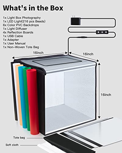Glendan Light Box Photography, Portable Photo Studio Light Box, 16" x 16" Professional Dimmable Shooting Tent Kit with 216 LED Table Top Light & 6 Backdrops Photo Box for Product Photography