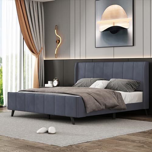 Livavege Queen Bed Frame with Wingback Headboard and Footboard, Velvet Upholstered Platform w/Wooden Slats Support, Queen Size Bedframe No Box Spring Needed, Easy Assembly/Mattress Foundation