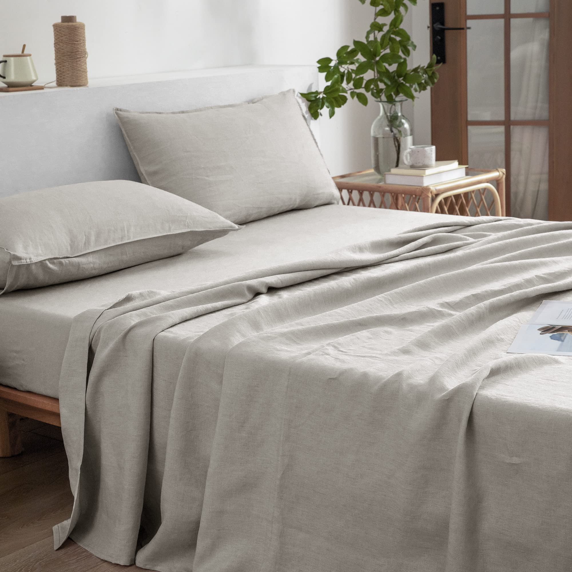 EVERLY Hemp Queen Size Sheets Set, Natural Premium Hemp Sheets, Deep Pocket 4 Piece Bed Sheet Set, Easy-Fit Breathable Cooling Sheets, Wrinkle Fade Resistant Sheet Sets-Beige