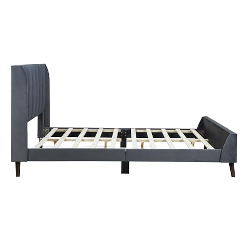Livavege Queen Bed Frame with Wingback Headboard and Footboard, Velvet Upholstered Platform w/Wooden Slats Support, Queen Size Bedframe No Box Spring Needed, Easy Assembly/Mattress Foundation