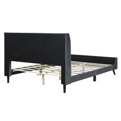 Livavege Queen Bed Frame with Wingback Headboard and Footboard, Velvet Upholstered Platform w/Wooden Slats Support, Queen Size Bedframe No Box Spring Needed, Easy Assembly/Mattress Foundation