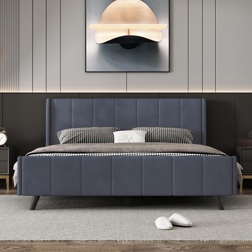 Livavege Queen Bed Frame with Wingback Headboard and Footboard, Velvet Upholstered Platform w/Wooden Slats Support, Queen Size Bedframe No Box Spring Needed, Easy Assembly/Mattress Foundation