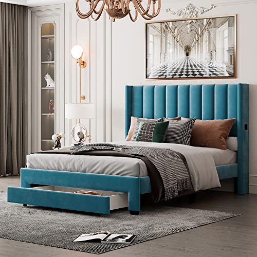 Prohon Queen Bed Frame with Wingback Headboard and A Big Storage Drawers on Endbed, Velvet Upholstered Platform Bed w/Wood Slats Support Mattress Foundation,No Box Spring Needed,Easy to Install,Blue