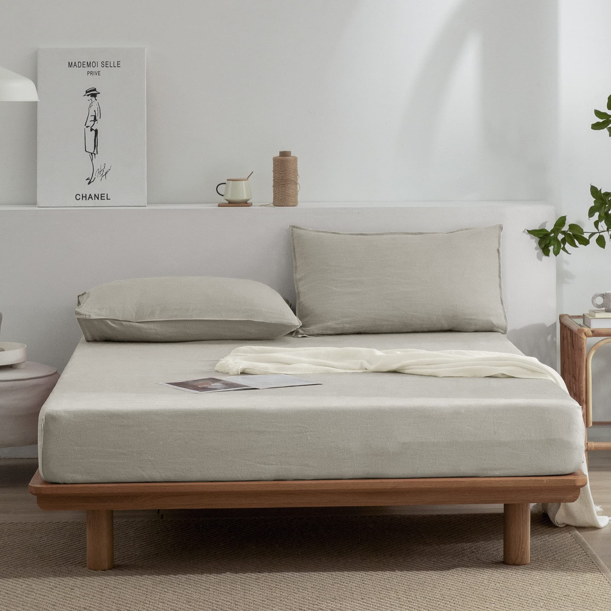 EVERLY Hemp Queen Size Sheets Set, Natural Premium Hemp Sheets, Deep Pocket 4 Piece Bed Sheet Set, Easy-Fit Breathable Cooling Sheets, Wrinkle Fade Resistant Sheet Sets-Beige