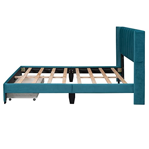 Prohon Queen Bed Frame with Wingback Headboard and A Big Storage Drawers on Endbed, Velvet Upholstered Platform Bed w/Wood Slats Support Mattress Foundation,No Box Spring Needed,Easy to Install,Blue