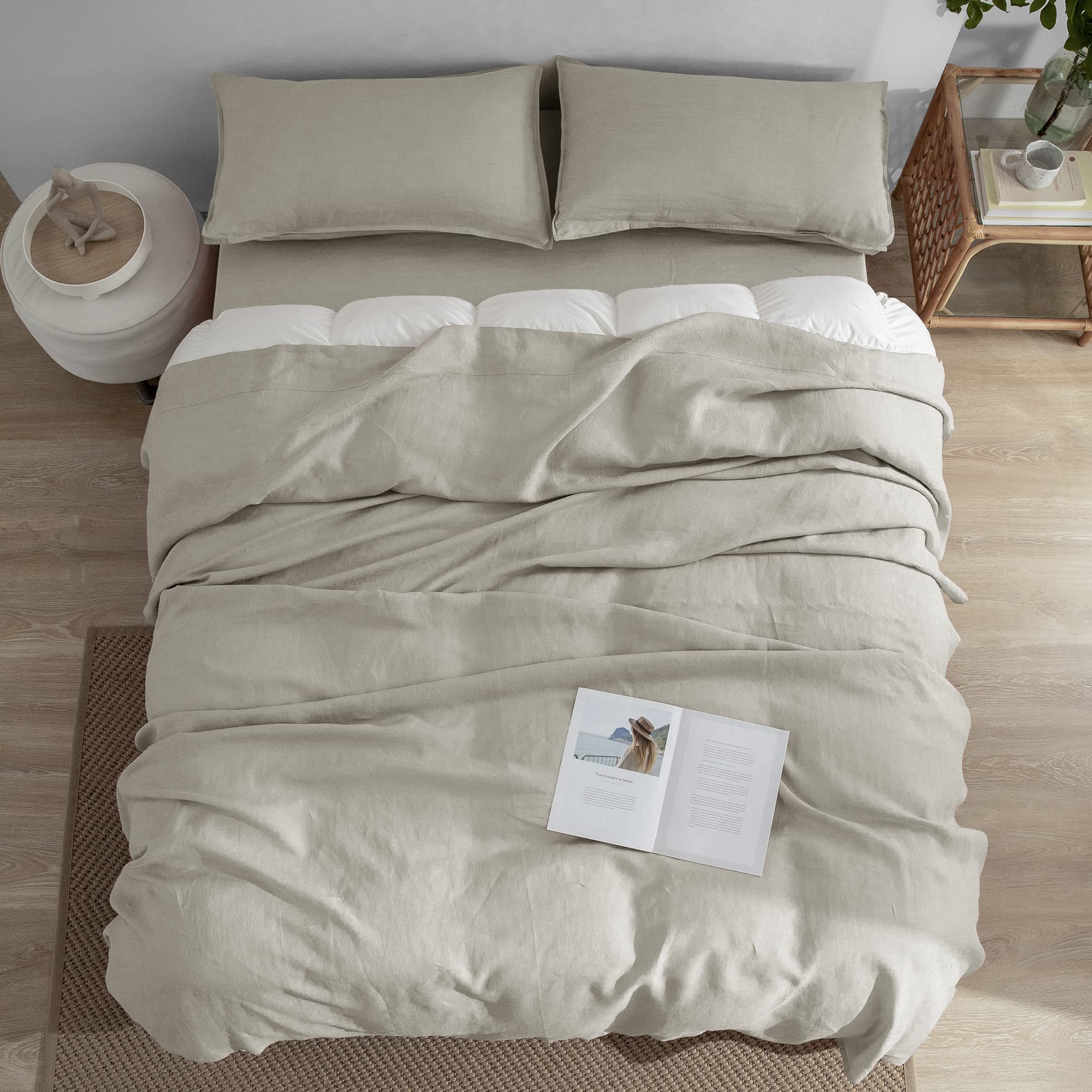 EVERLY Hemp Queen Size Sheets Set, Natural Premium Hemp Sheets, Deep Pocket 4 Piece Bed Sheet Set, Easy-Fit Breathable Cooling Sheets, Wrinkle Fade Resistant Sheet Sets-Beige