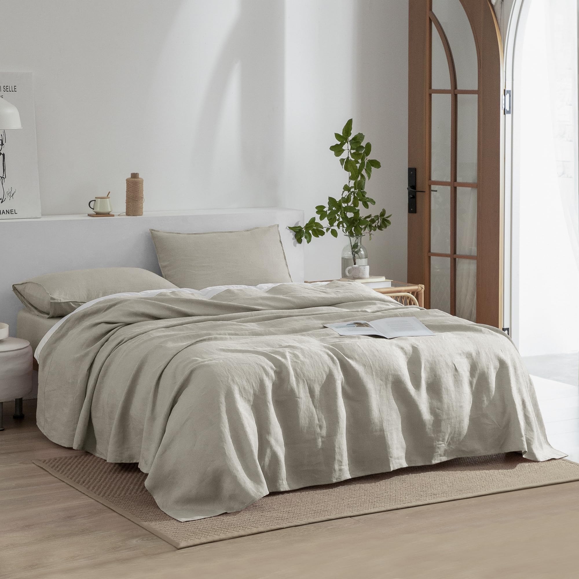 EVERLY Hemp Queen Size Sheets Set, Natural Premium Hemp Sheets, Deep Pocket 4 Piece Bed Sheet Set, Easy-Fit Breathable Cooling Sheets, Wrinkle Fade Resistant Sheet Sets-Beige