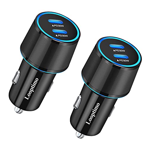 Dual 30W USB C Car Charger Fast Charging, Looptimo 2-Pack 60W Type C Rapid Automobile Adapter, PD(PPS) 3.0 Port Cargador para Carro Compatible for iPhone, Samsung Galaxy, Google Pixel Phones