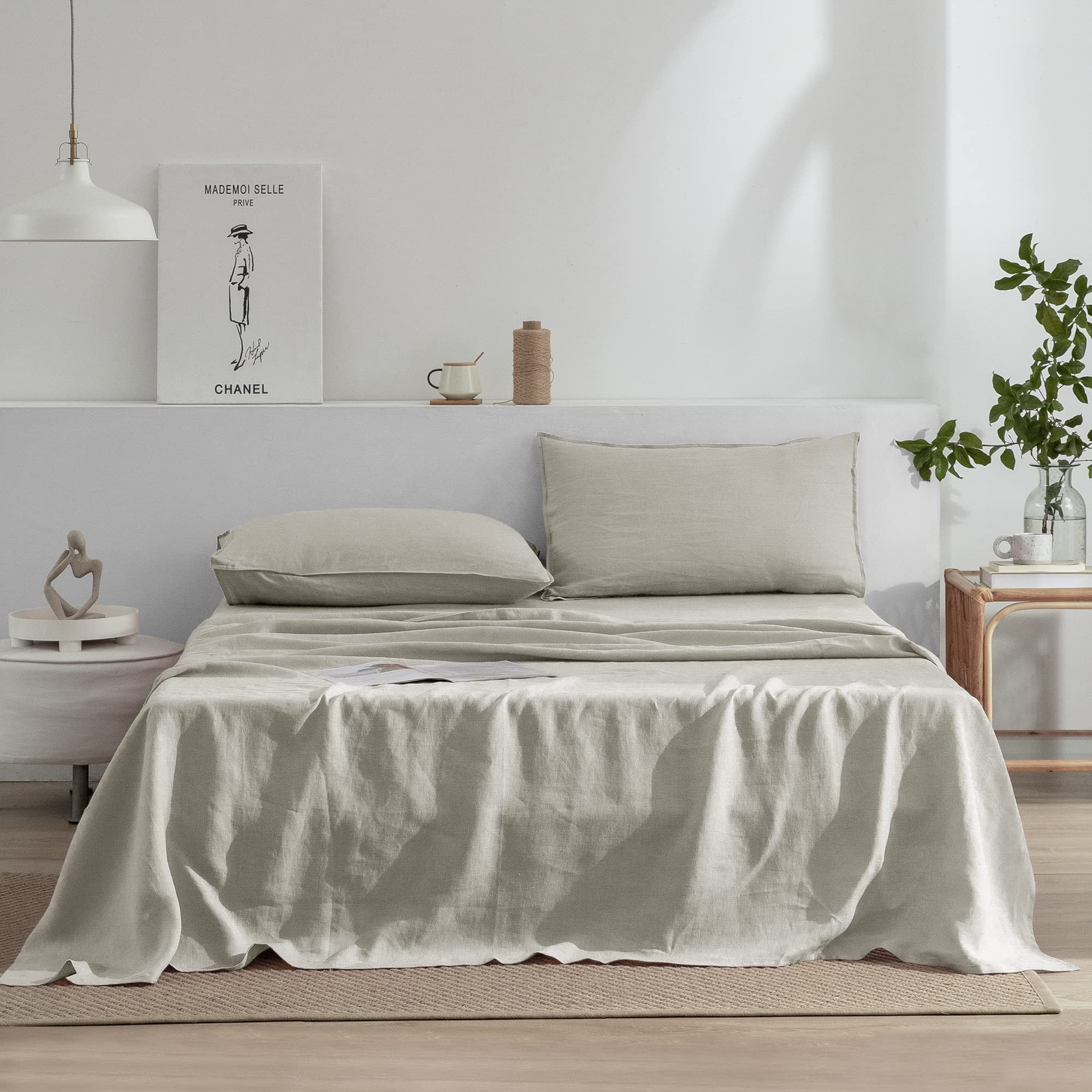 EVERLY Hemp Queen Size Sheets Set, Natural Premium Hemp Sheets, Deep Pocket 4 Piece Bed Sheet Set, Easy-Fit Breathable Cooling Sheets, Wrinkle Fade Resistant Sheet Sets-Beige